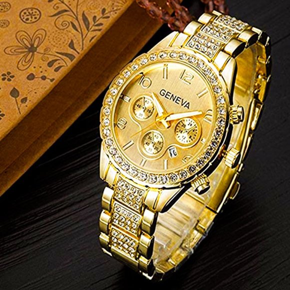 Geneva | Accessories | Gold Floating Crystal Calendar Geneva Ss Watch ...